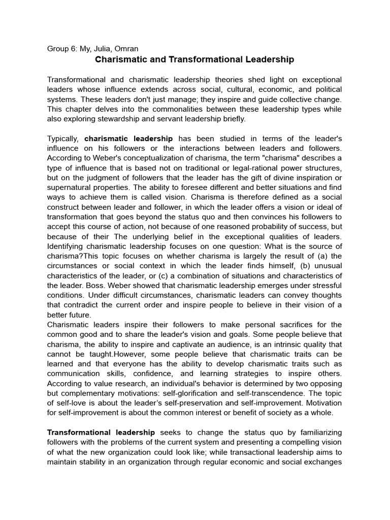 Summary Chapter 9 | PDF | Leadership | Transformational Leadership