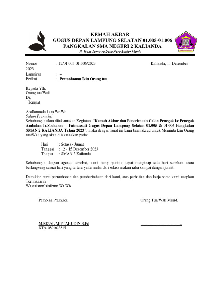 Surat Izin Panitia - Pramuka | PDF