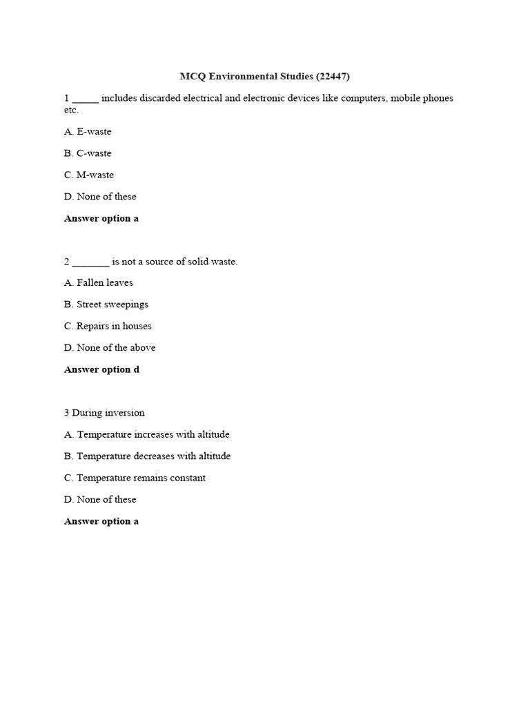 Est Sample MCQ | Download Free PDF | Smog | Water Pollution
