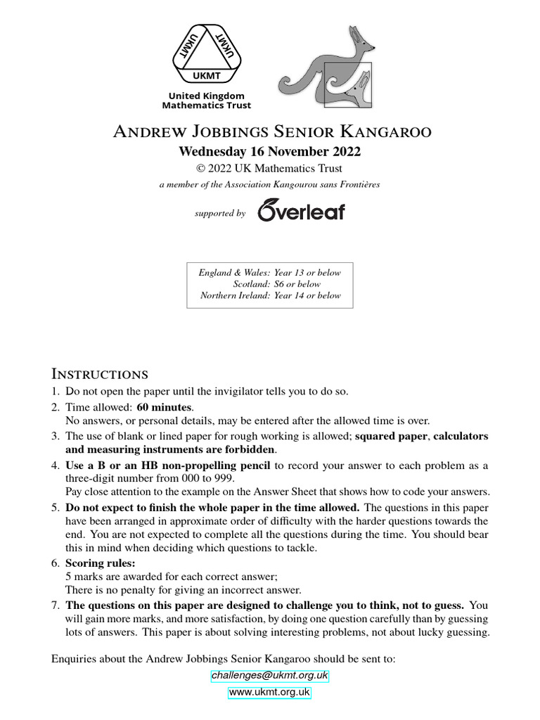 Senior Kangaroo 2022 Exam Instructions | PDF