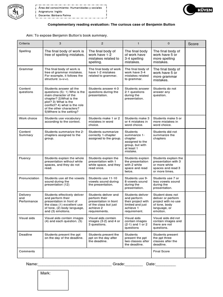 Benjamin Button's Book Rubric | PDF | Languages | Foreign Language Studies