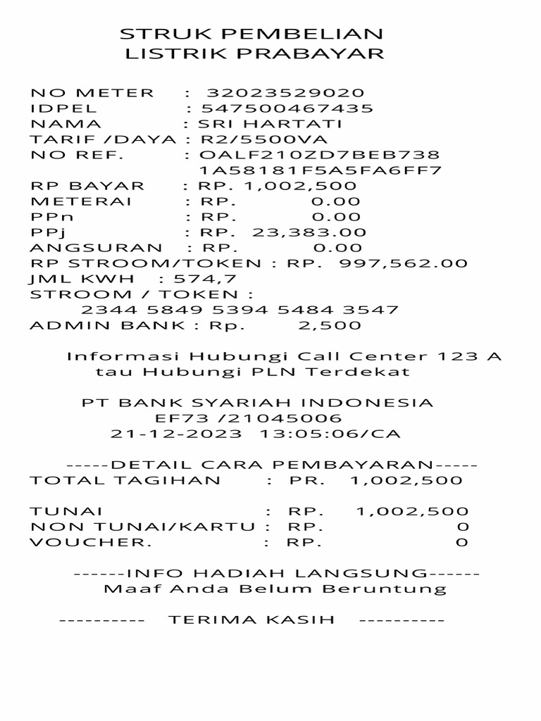 Struk Pambayaran Listrik Prabayar | PDF