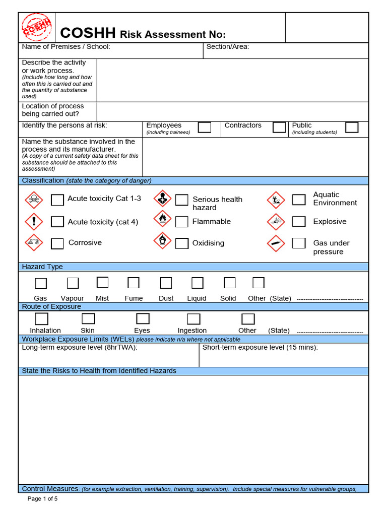 CoSHH Blank Risk Assessment Template | PDF | Toxicity | Hazards