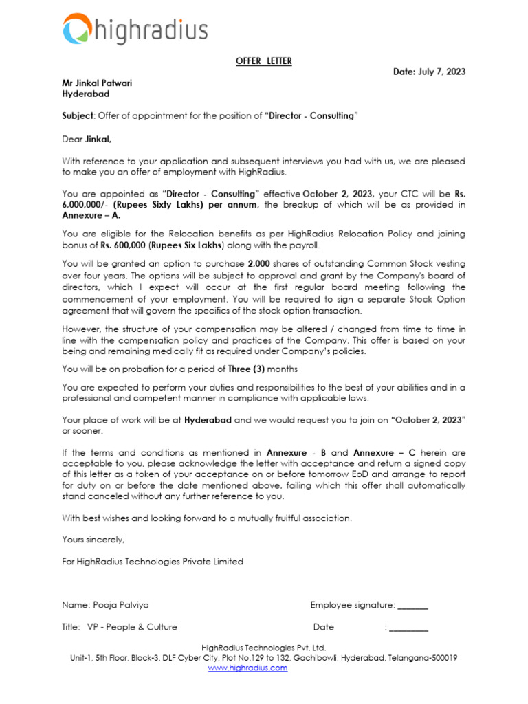 Offer Document Jinkal Patwari | PDF | Employee Benefits | Employment
