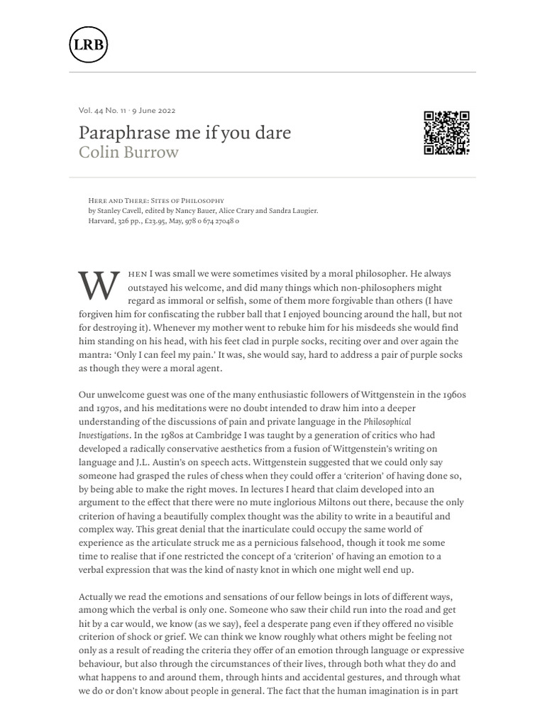 Colin Burrow Paraphrase Me If You Dare - Stanley Cavell's Sadness | PDF