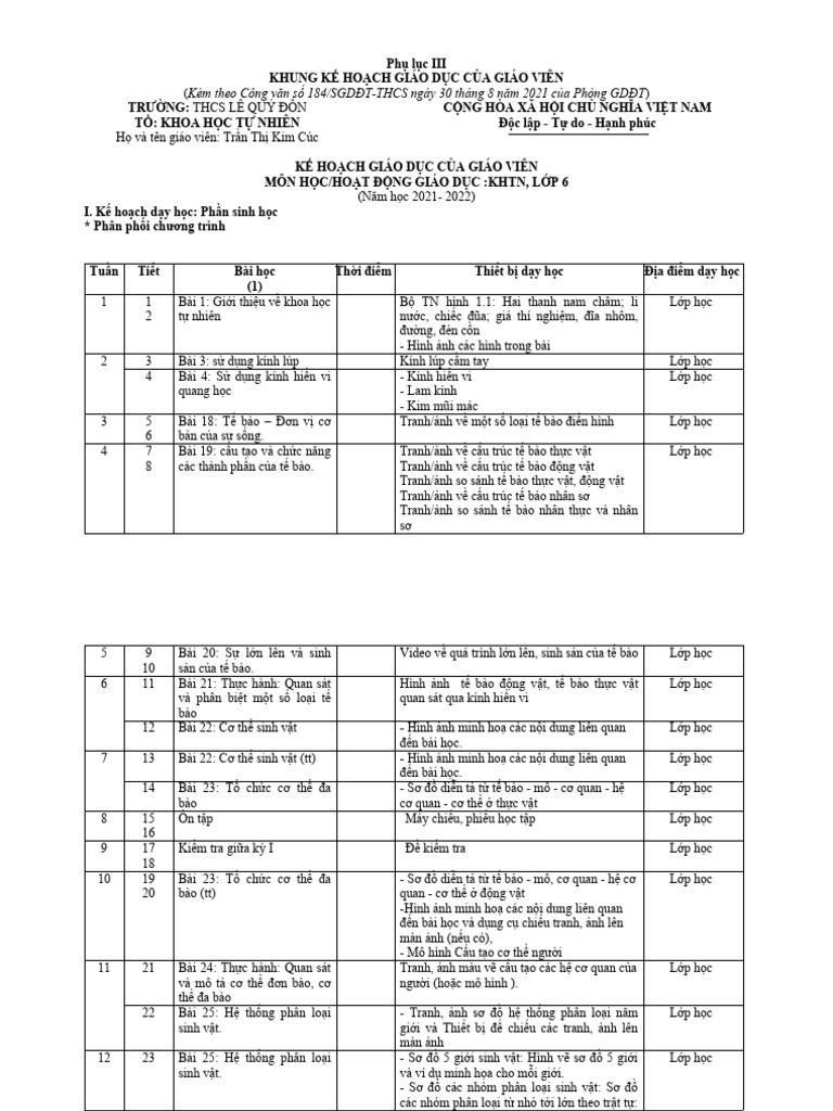 KHDH GV Sinh 6 21 - 22 | PDF