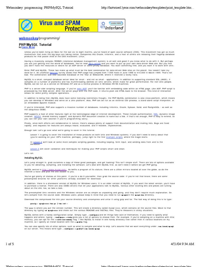 Webmonkey: Php/Mysql Tutorial | PDF | Php | Apache Http Server