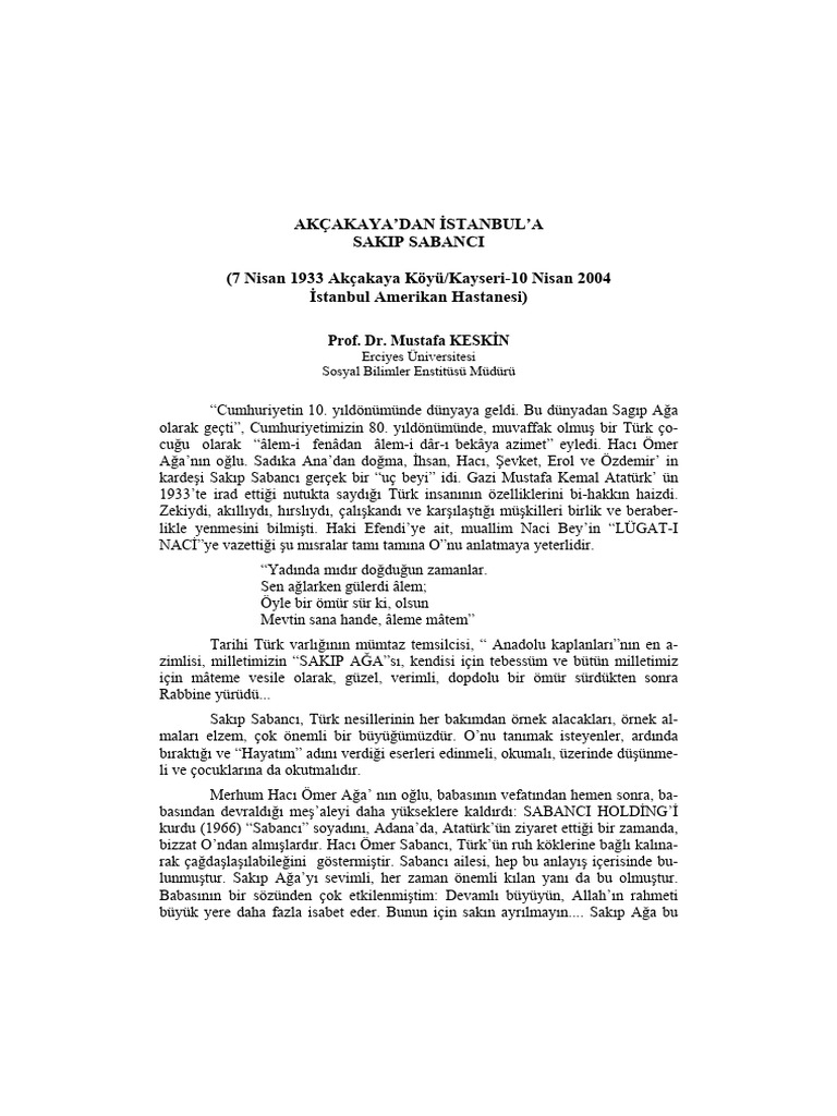 Kayseri-Ak - Akaya - Dan - Stanbul - A SAKIP SABANCI (#253014) - 219271 | PDF