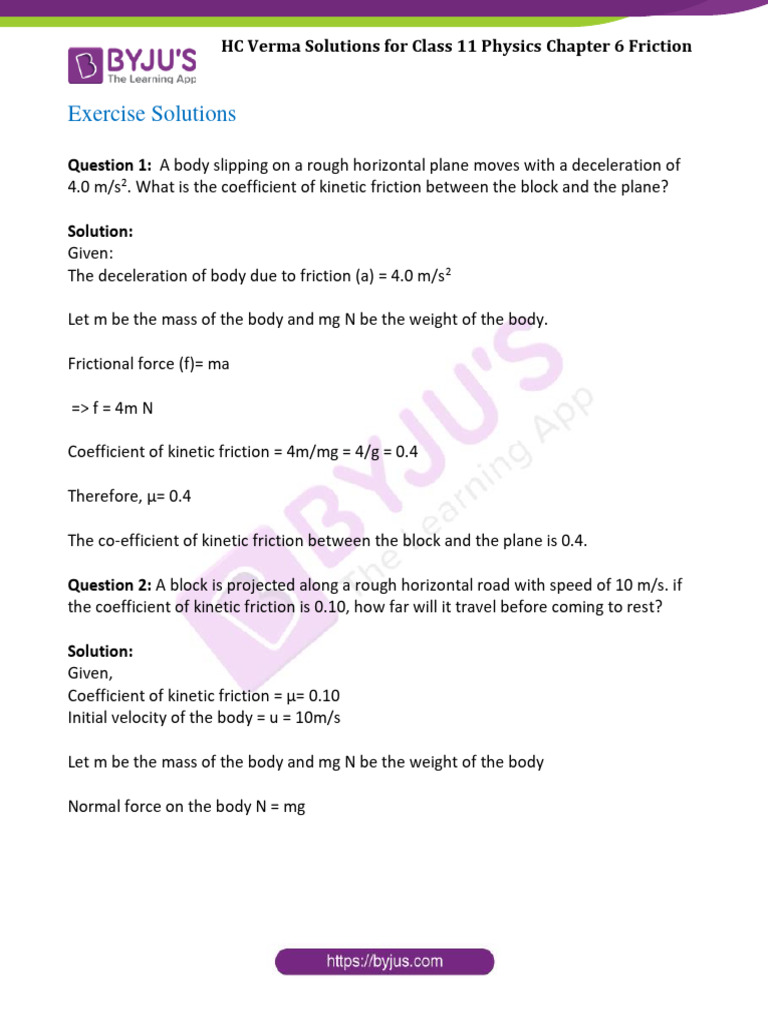 HC Verma Solution Class 11 Physics Chapter 6 Friction | PDF | Friction | Force
