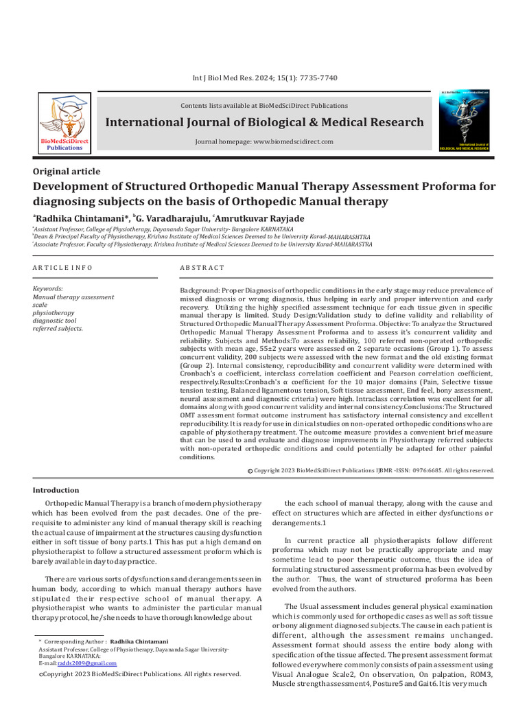 Development of Structured Orthopedic Manual Therapy Assessment Proforma ...