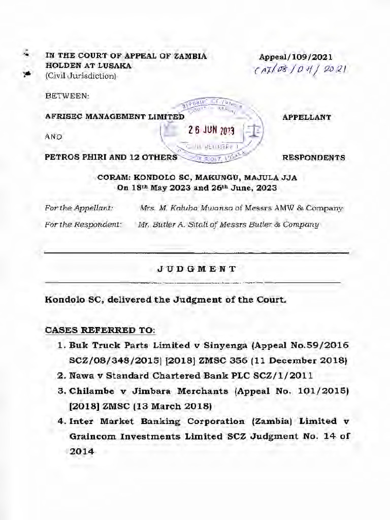 Afrisec Management Limited V Phiri and Ors (Appeal1092021) 2023 ZMCA ...