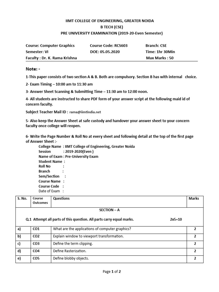 B Tech CSE Computer Graphics Exam Paper | PDF | Image Processing | Graphics