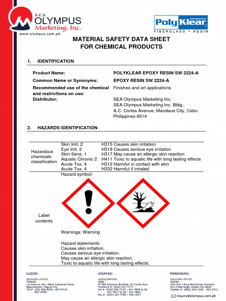 MSDS - Polyklear Epoxy Resin Sw-2224-A | PDF | Waste | Toxicity