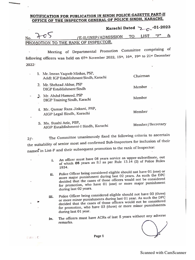 Promotion Order of Inspector Sindh Police | PDF