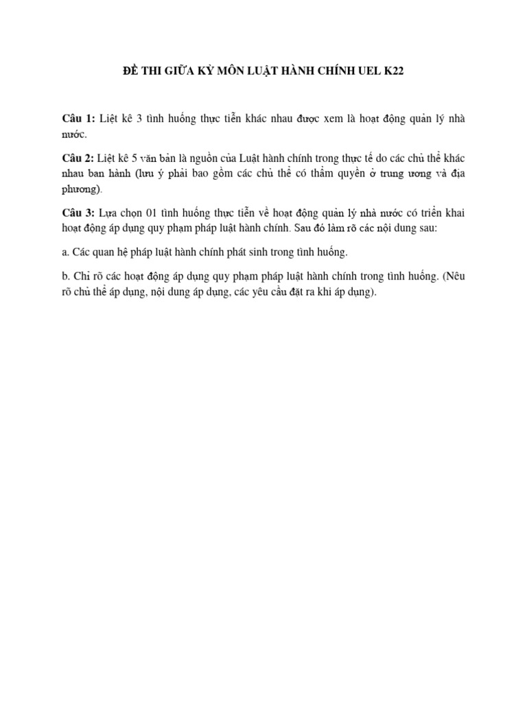 Đề Thi Giữa Kỳ Môn Luật Hành Chính Uel k22 | PDF