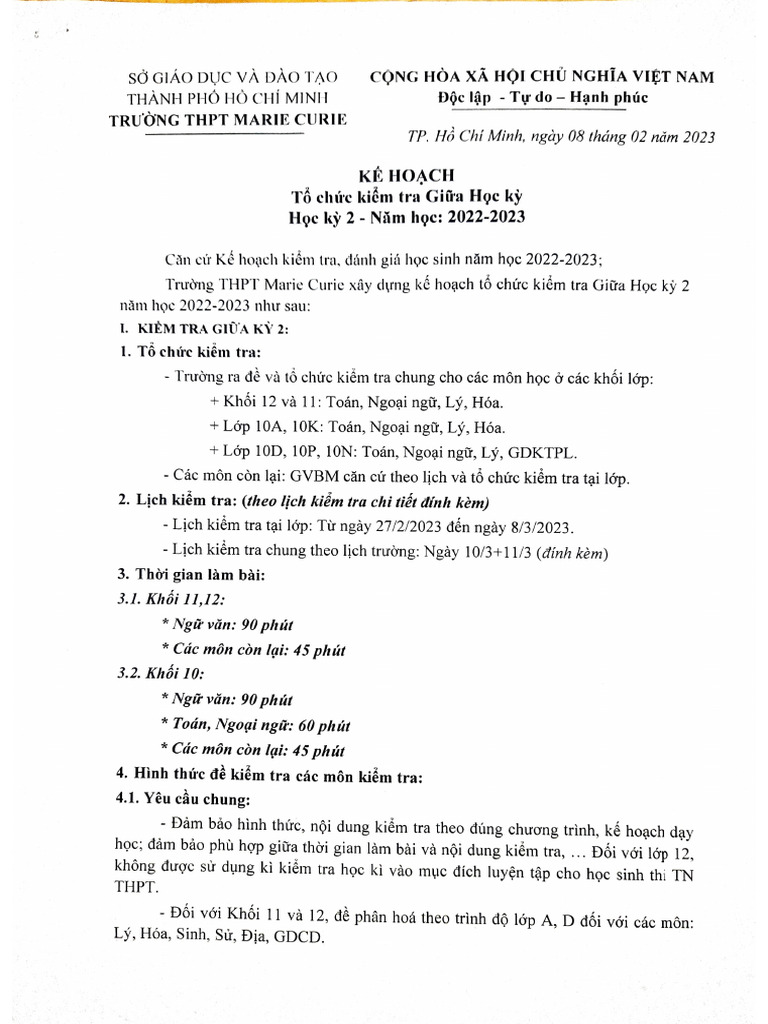 Ke Hoach Kiem Tra Giua Hoc Ki 2 | PDF