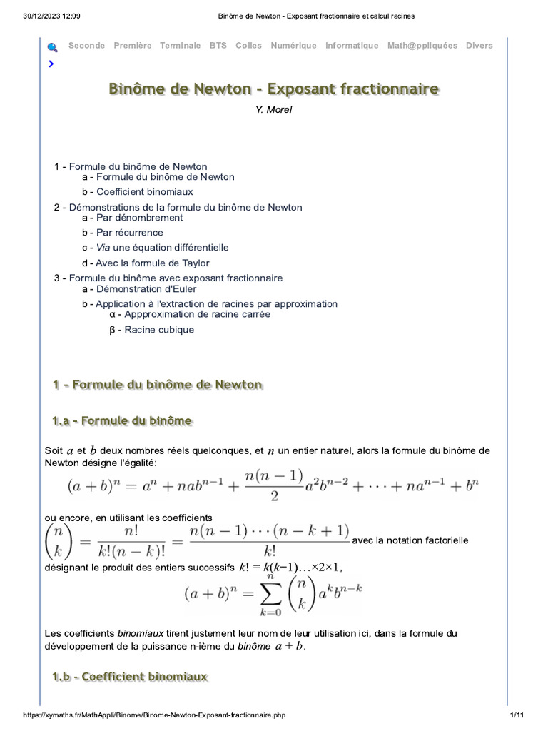 Binôme de Newton - Exposant Fractionnaire Et Calcul Racines | PDF