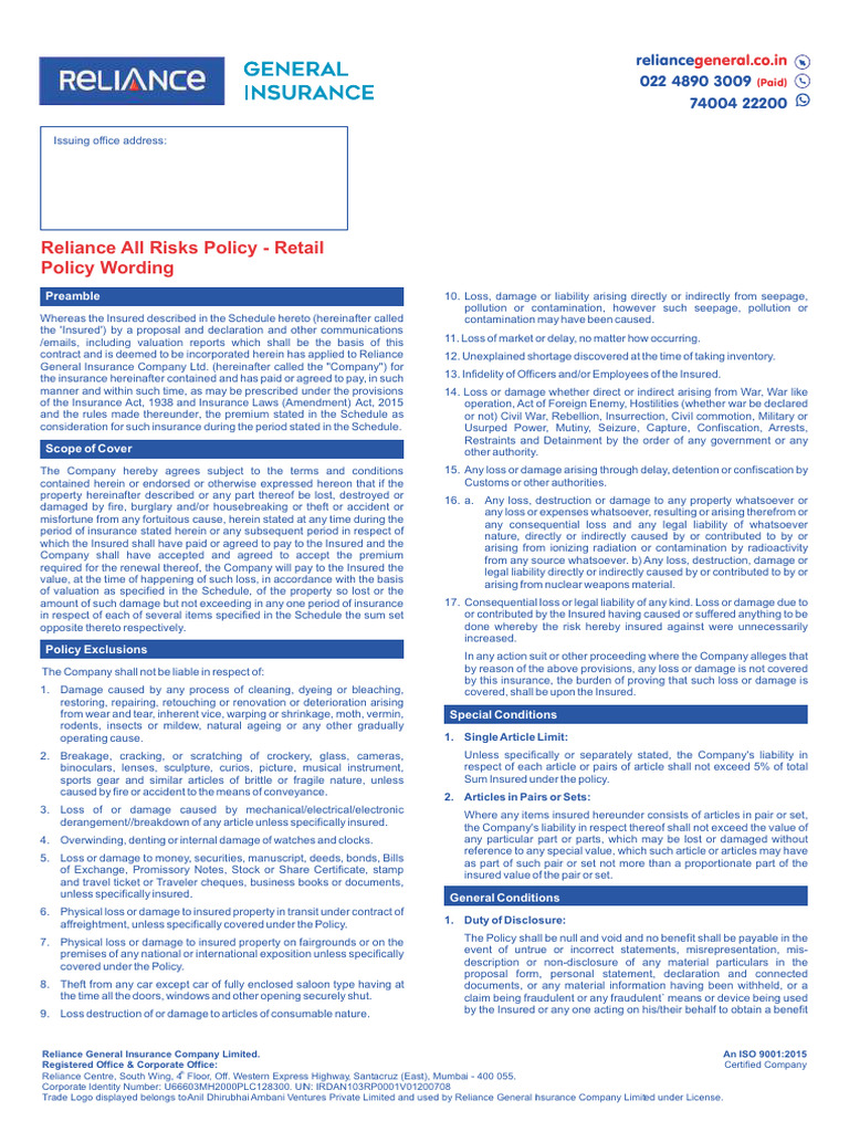 Policy Wording | PDF | Insurance | Indemnity