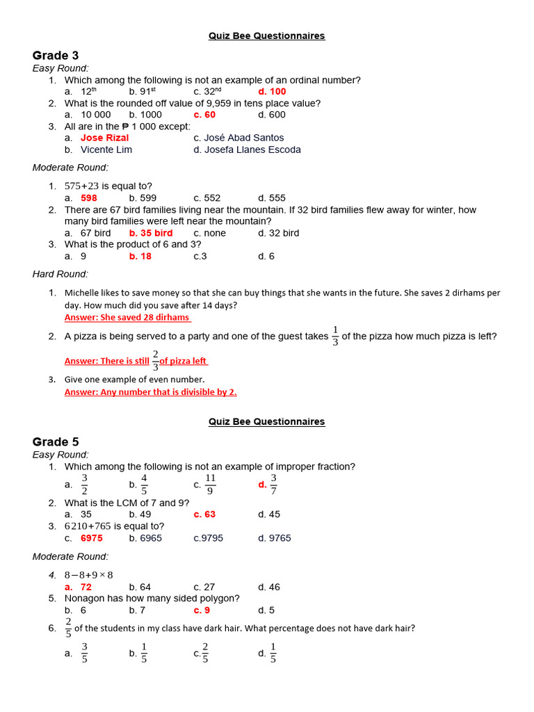 Quiz Bee Questionnaires | PDF