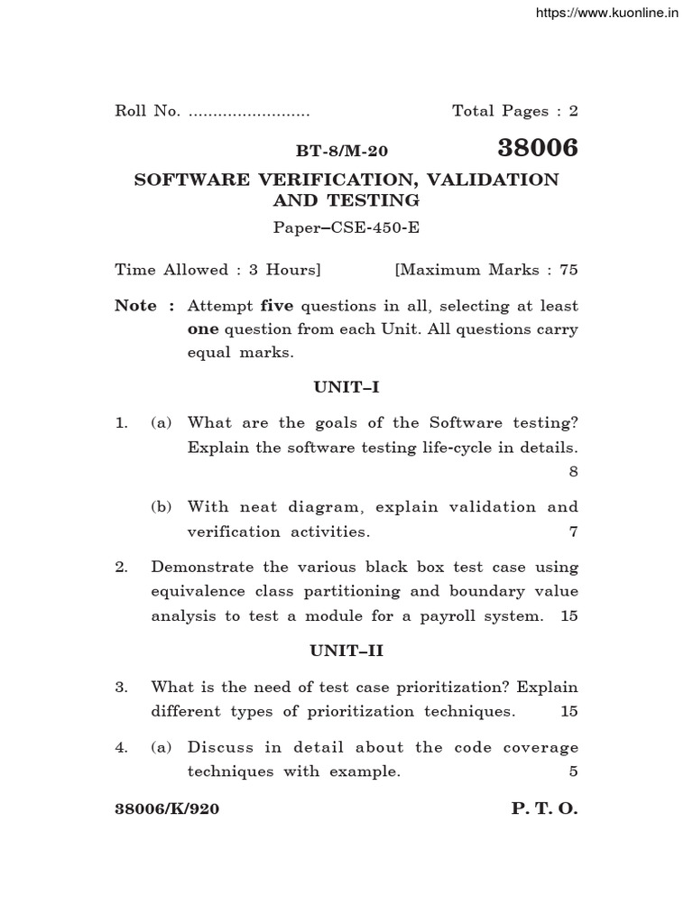 Software Testing & Validation Exam Guide | PDF | Unit Testing ...