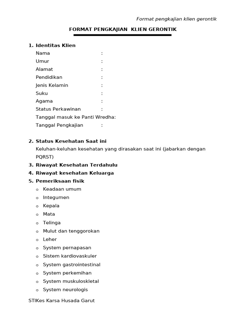 Format Pengkajian Klien Gerontik Untuk Panti | PDF