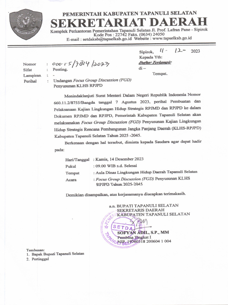 Undangan Focus Group Discussion (FGD) Penyusunan KLHS RPJPD Up ...