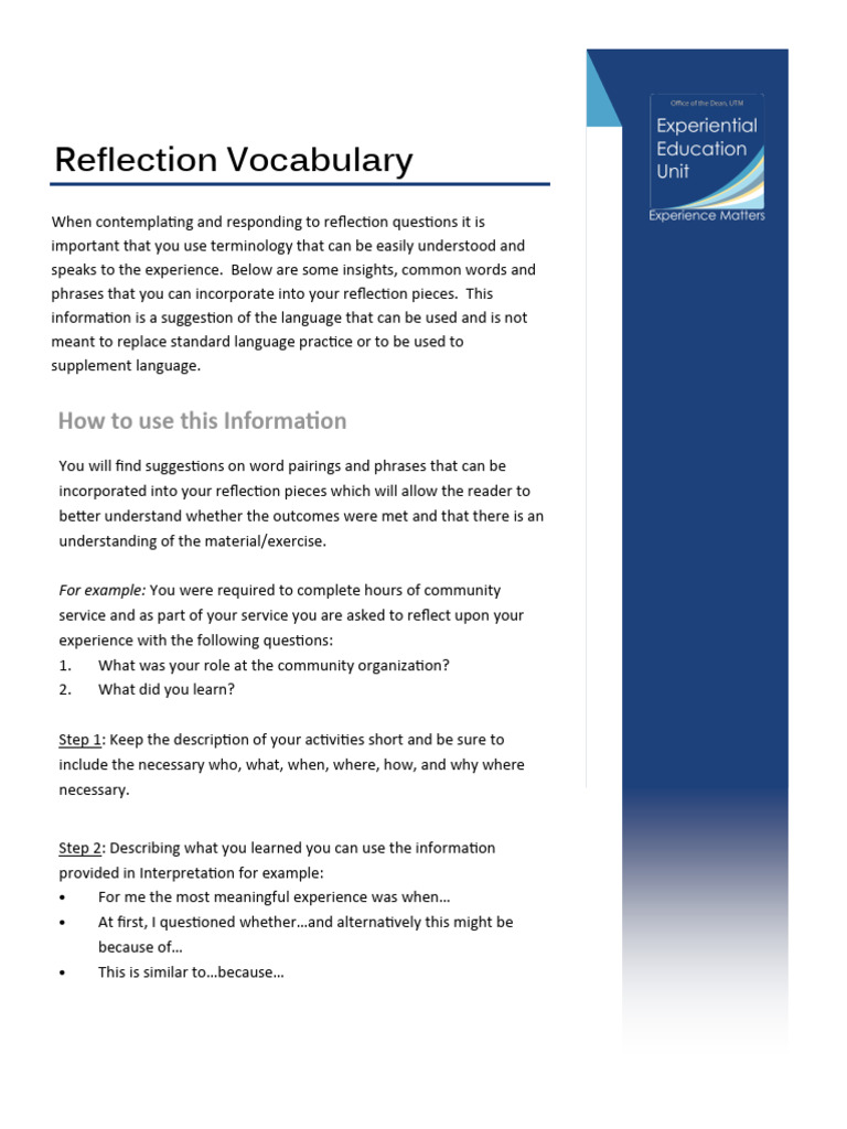Reflection Vocabulary For Students | PDF