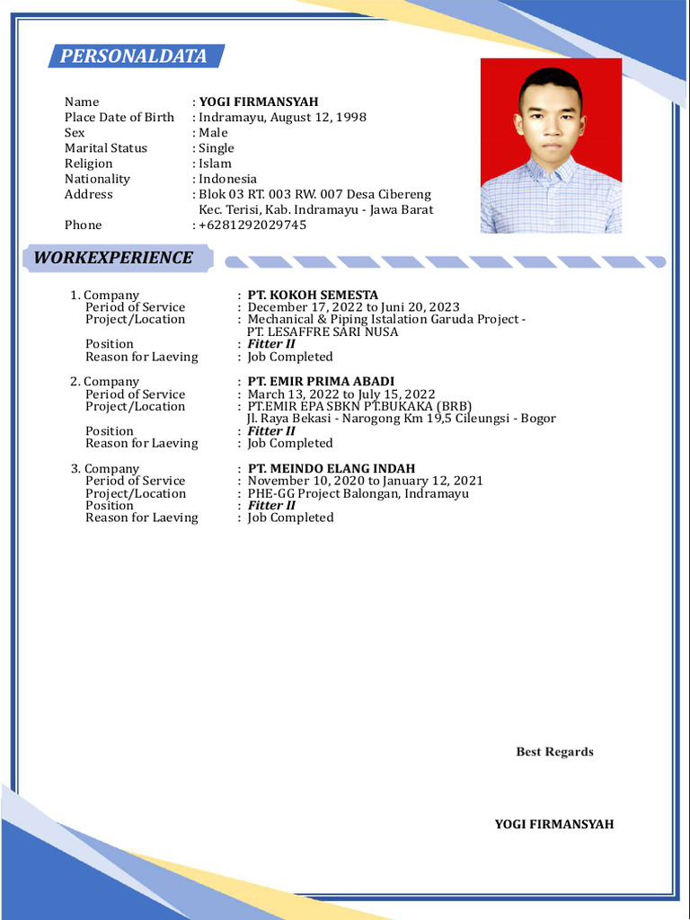 CV & Paklaring Fitter Ii Yogi Firmansyah | PDF