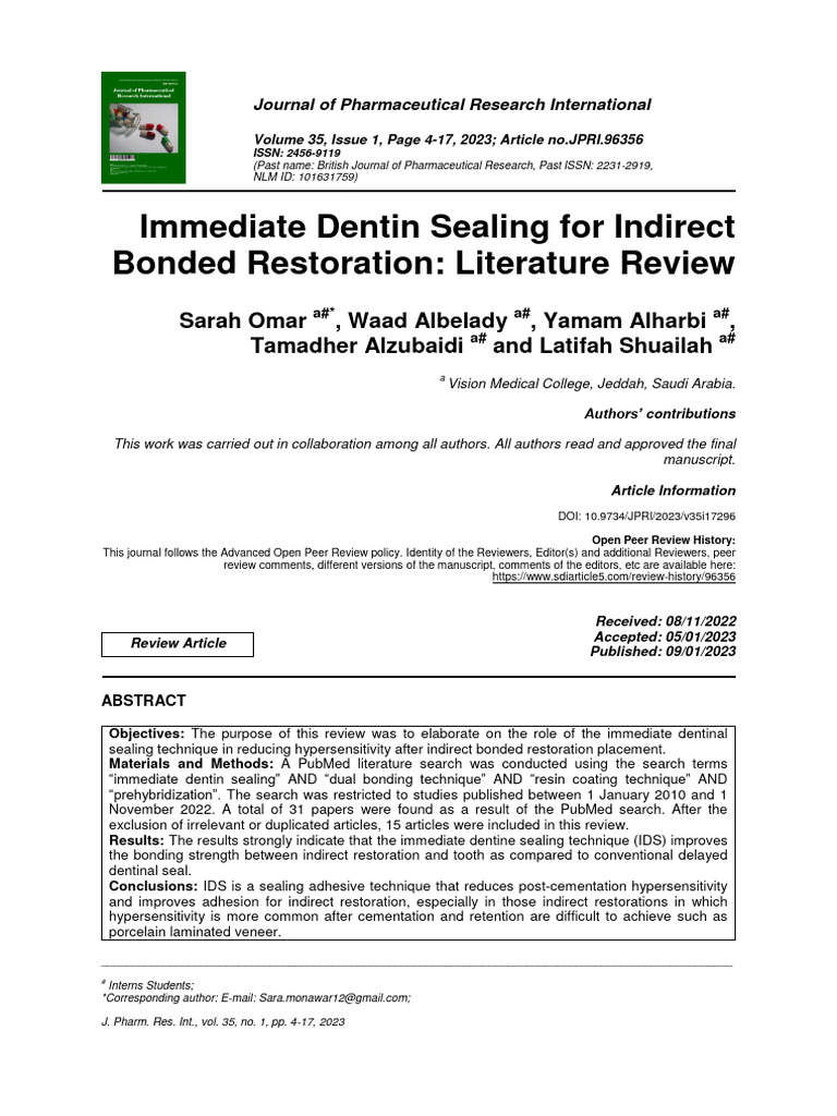 2023 - Immediate Dentin Sealing For Indirect Bonded Restoration ...