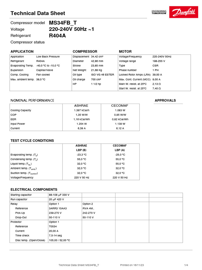 MS34FB Compressor Technical Data Sheet | PDF | Capacitor | Electromagnetism