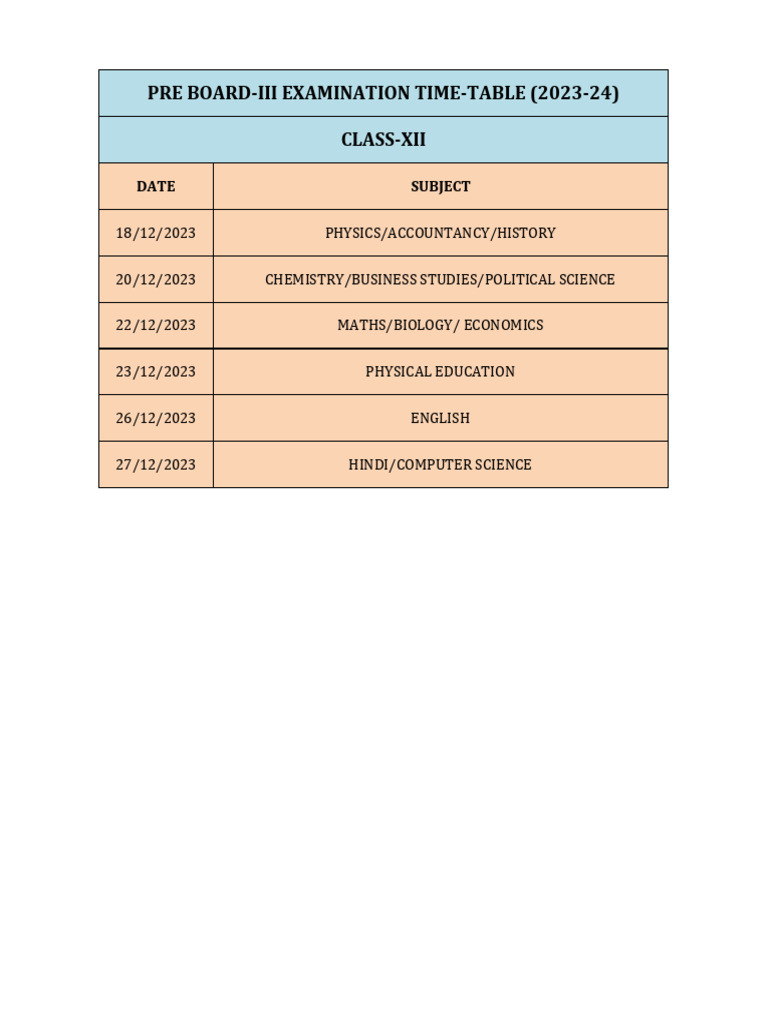 (Class-Xii) Pre Board-III Examination Time-Table (2023-24) | PDF | Computers
