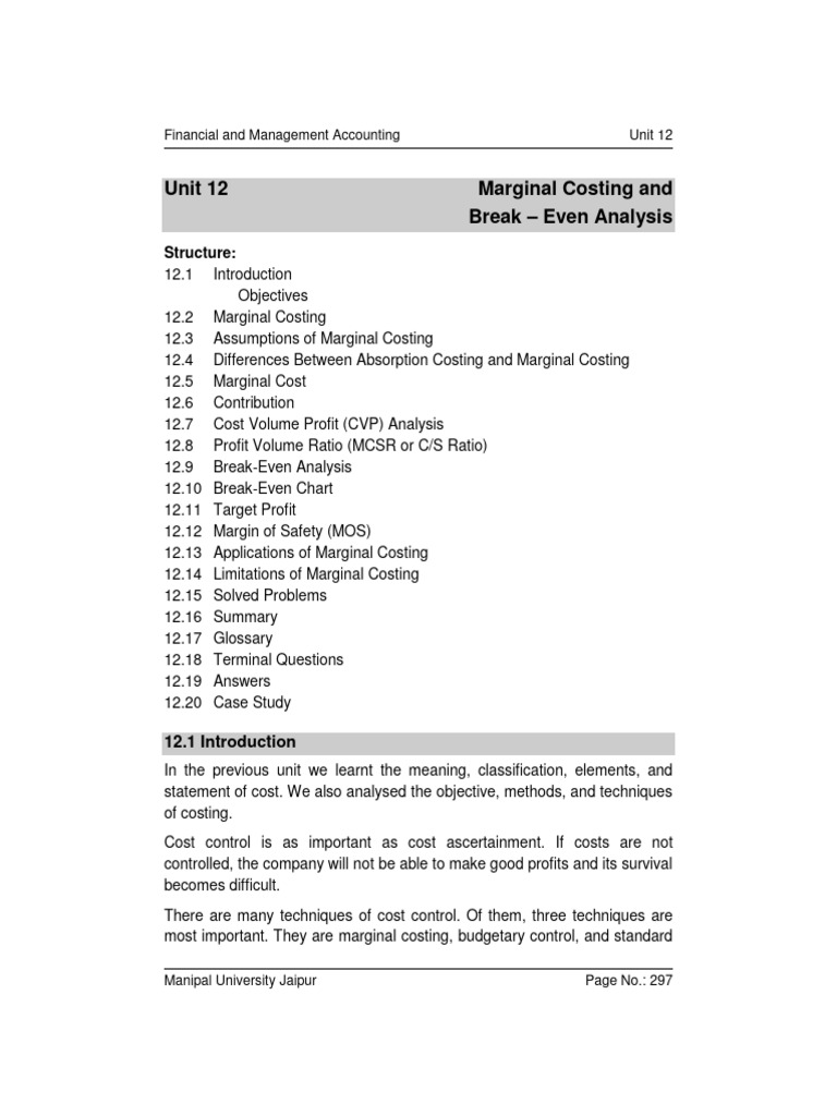 Unit 12 - Marginal Costing and Break - Even Analysis | PDF