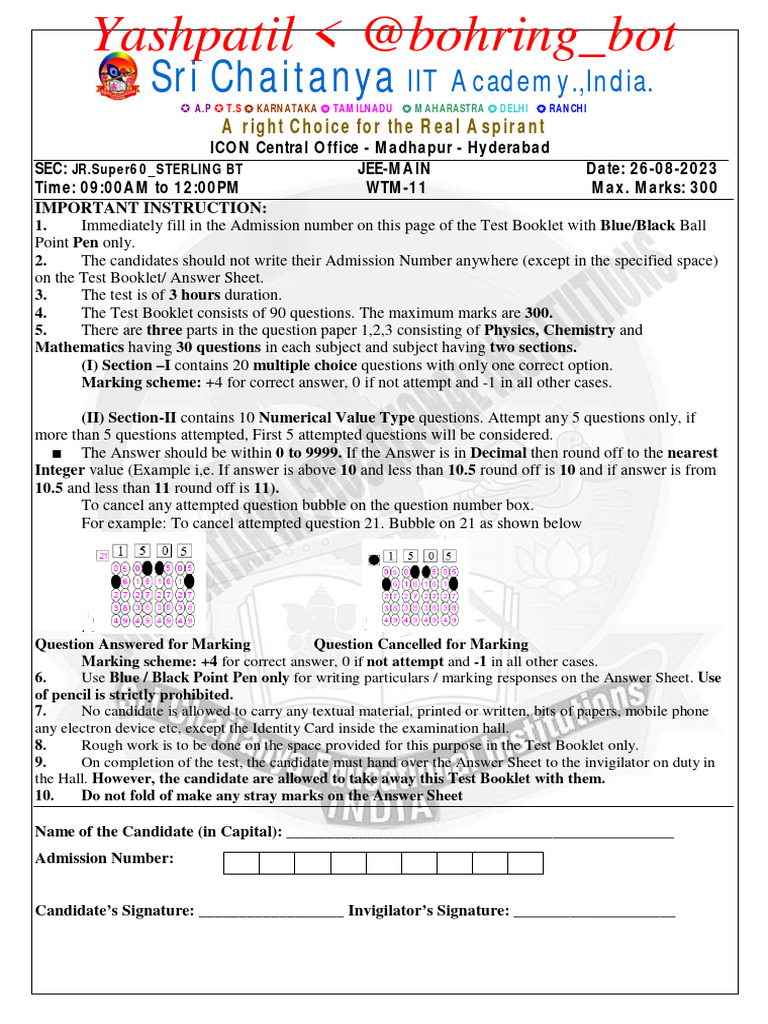 26-08-2023 - JR - Super60 - STERLING BT - Jee-Main - WTM-11 - Q.Paper | PDF