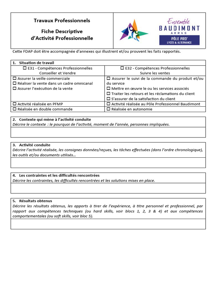 Exemple Fiche Descriptive D'activité Professionnelle | PDF