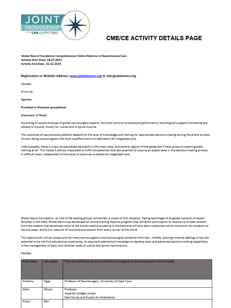 Global Neuro Comprehensive Online Diploma in Neurotrauma Crare ADP 21 ...