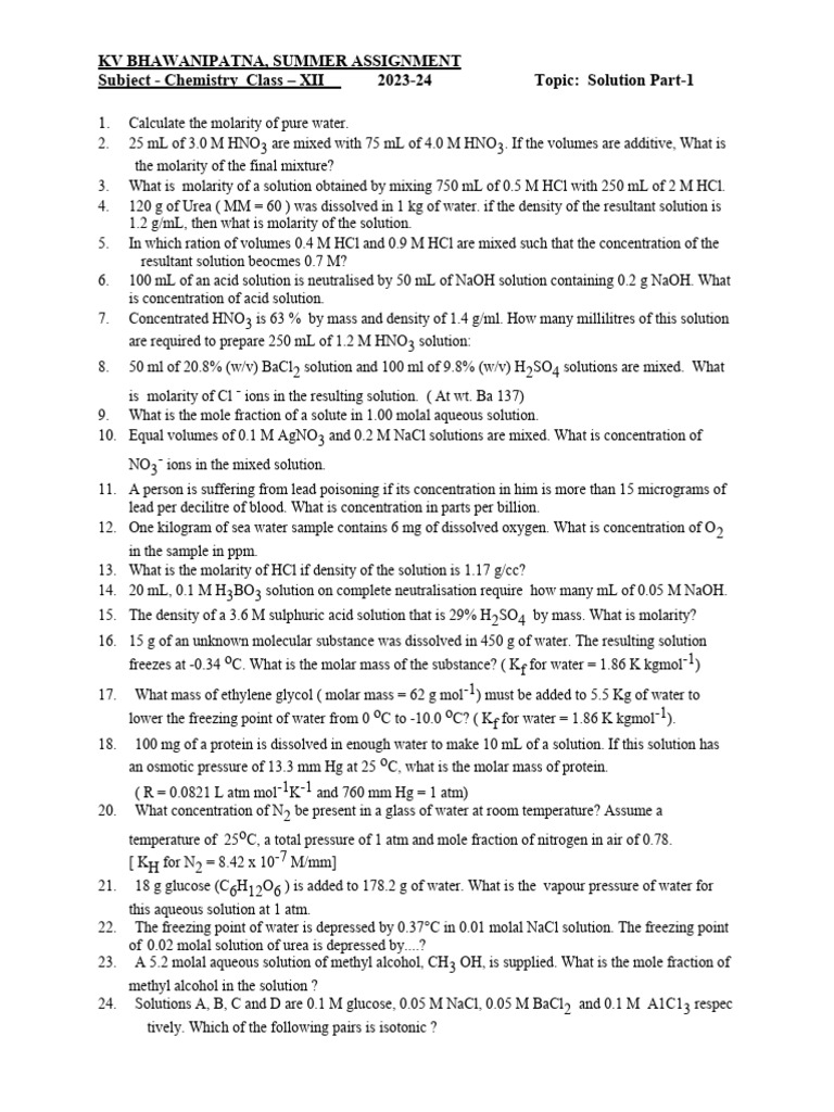 Chemistry Solutions Worksheet Class XII | PDF | Mass Concentration (Chemistry) | Litre