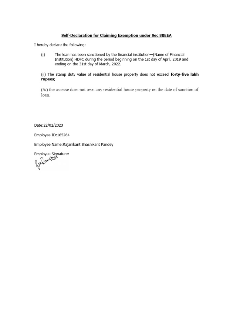 Self-Declaration for 80EEA Exemption | PDF | Business | Law