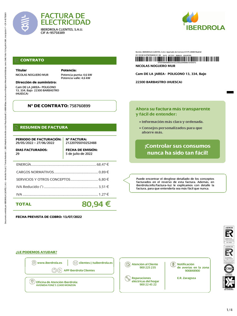 Factura de Electricidad Iberdrola | PDF