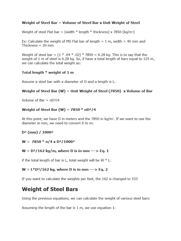 Steel Bar Weight Calculation Guide | PDF | Home & Garden