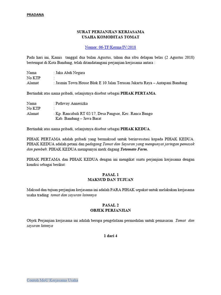 Surat Perjanjian Kerjasama Usaha | PDF
