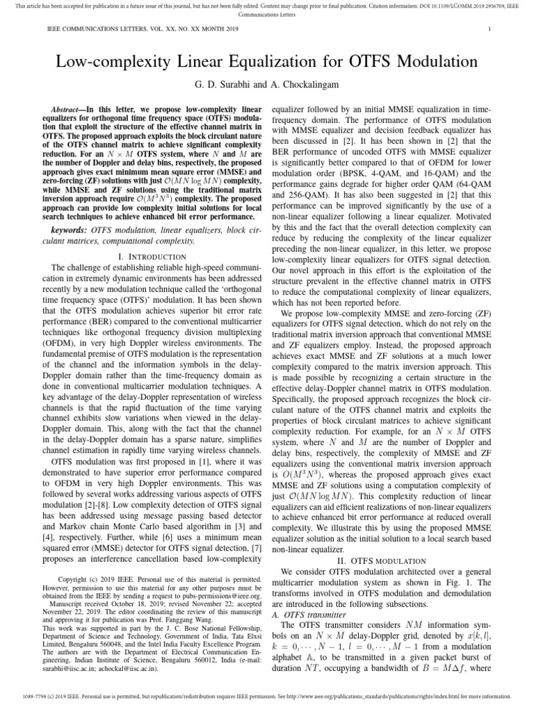 Low-Complexity Linear Equalization For OTFS Modulation | PDF | Computers