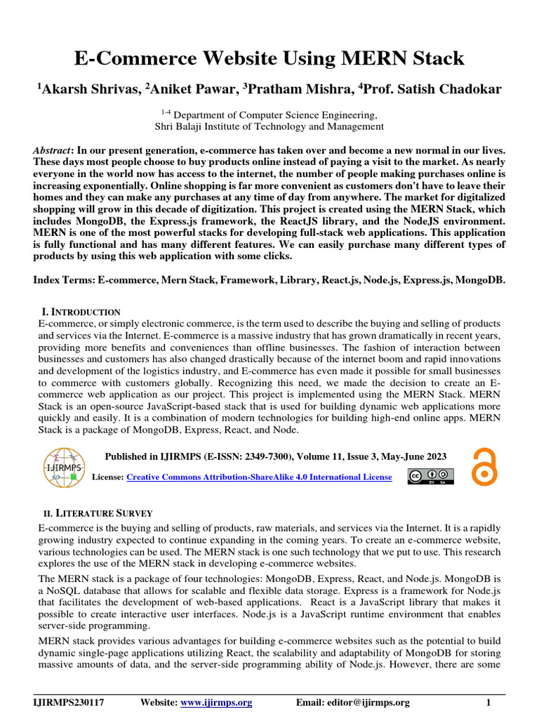 E-Commerce Website Using MERN Stack: Akarsh Shrivas, Aniket Pawar, Pratham Mishra, Prof. Satish ...