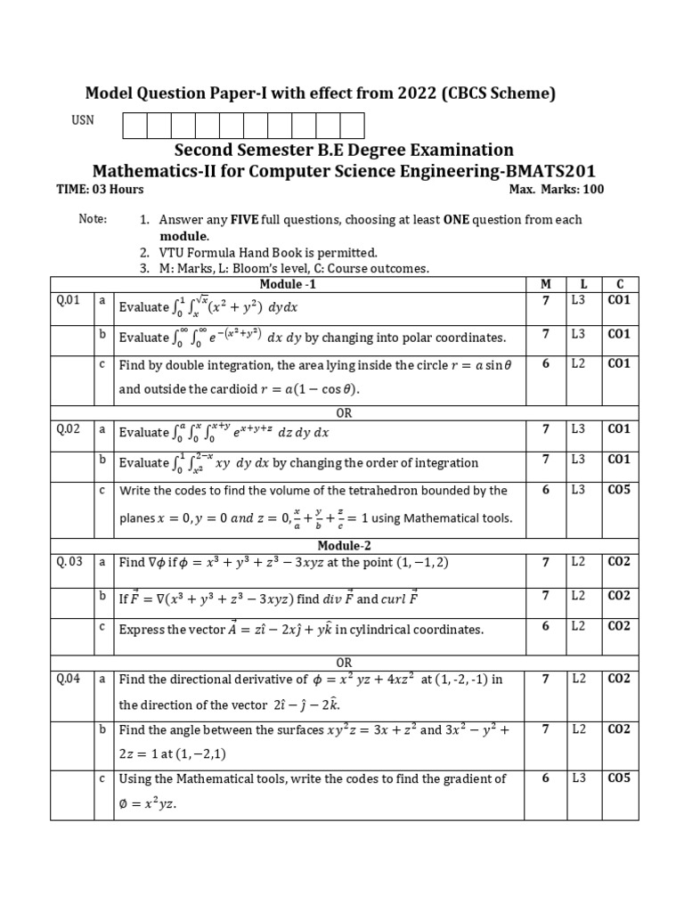 BMATS201 Model Question Paper-I | PDF | Linear Map | Vector Space