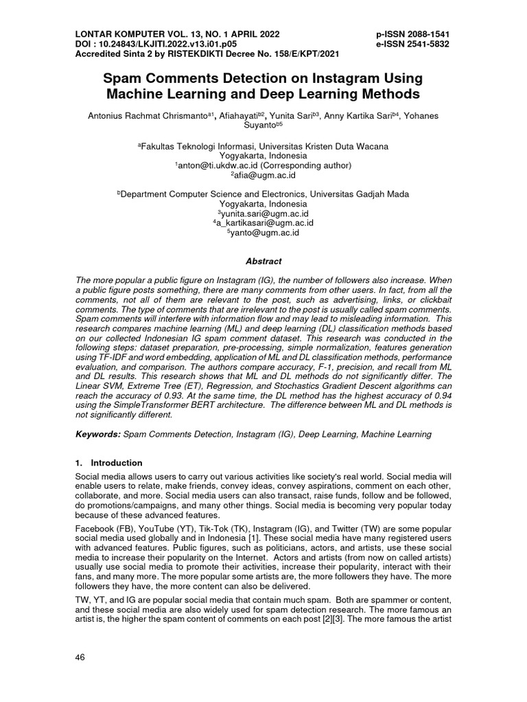 Spam Comments Detection On Instagram Usi Pdf Support Vector Machine Machine Learning