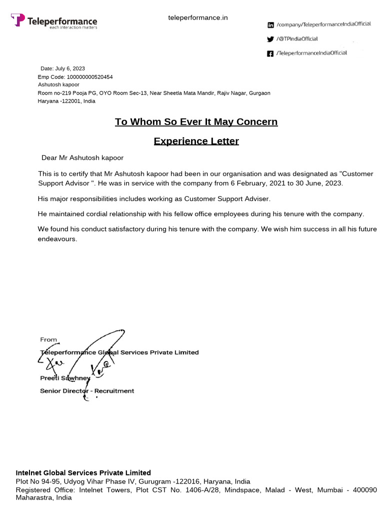 Teleperformance Experience Letter | PDF