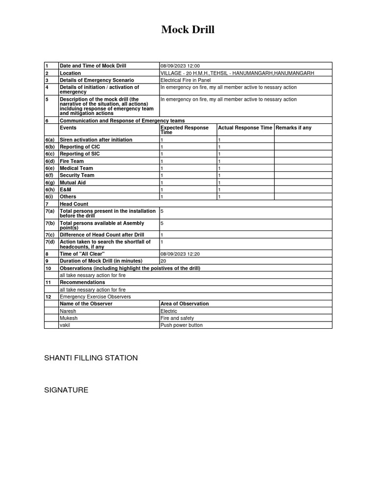 Mock Drill Report | PDF