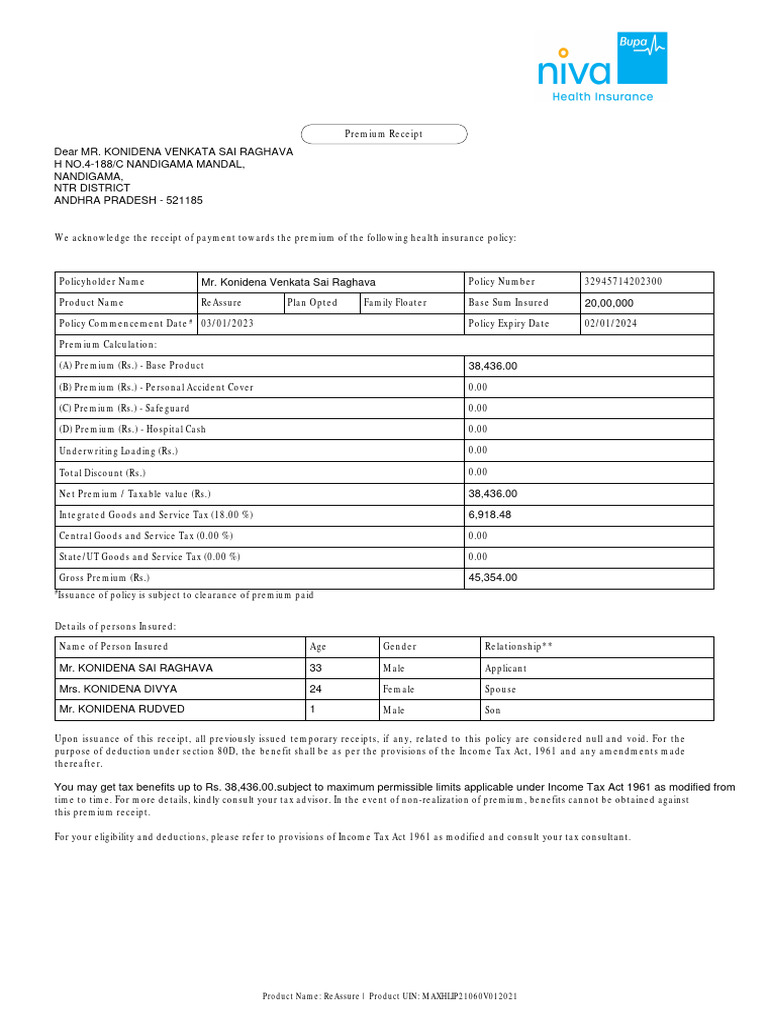 ReAssure Health Insurance Premium Receipt | PDF | Insurance | Taxes