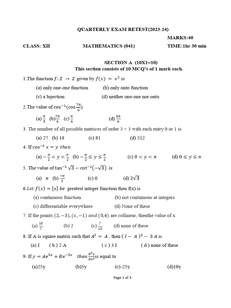 XII MATHS QUATERLY EXAM Retest | PDF | Function (Mathematics) | Mathematics XII MATHS QUATERLY EXAM Retest | PDF | Function (Mathematics) | Mathematics
