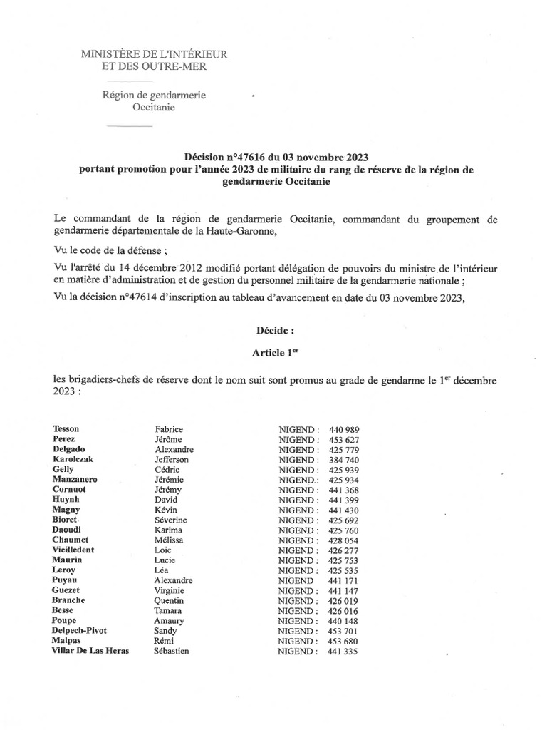 Décision 47616 Promotion Militaires Du Rang de Réserve RGOCC 2023 | PDF