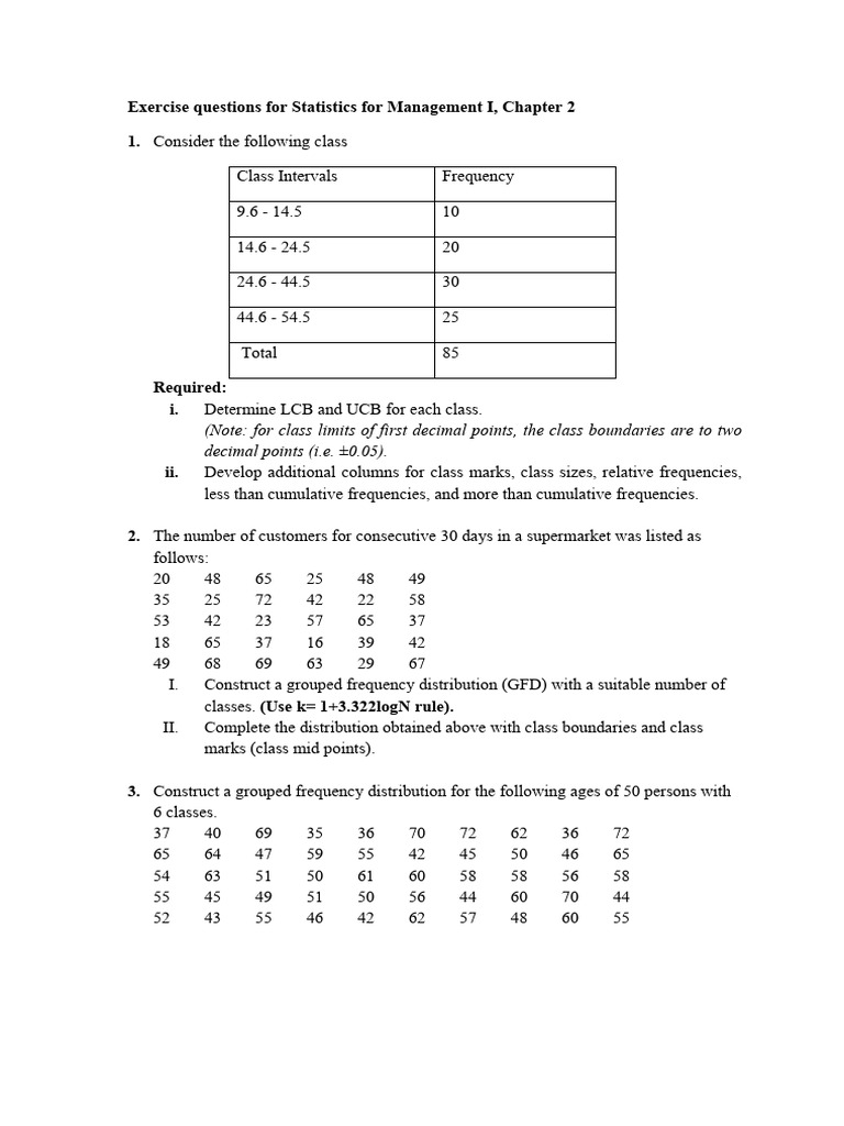 Exercise Questions For Statistics For Management I | PDF
